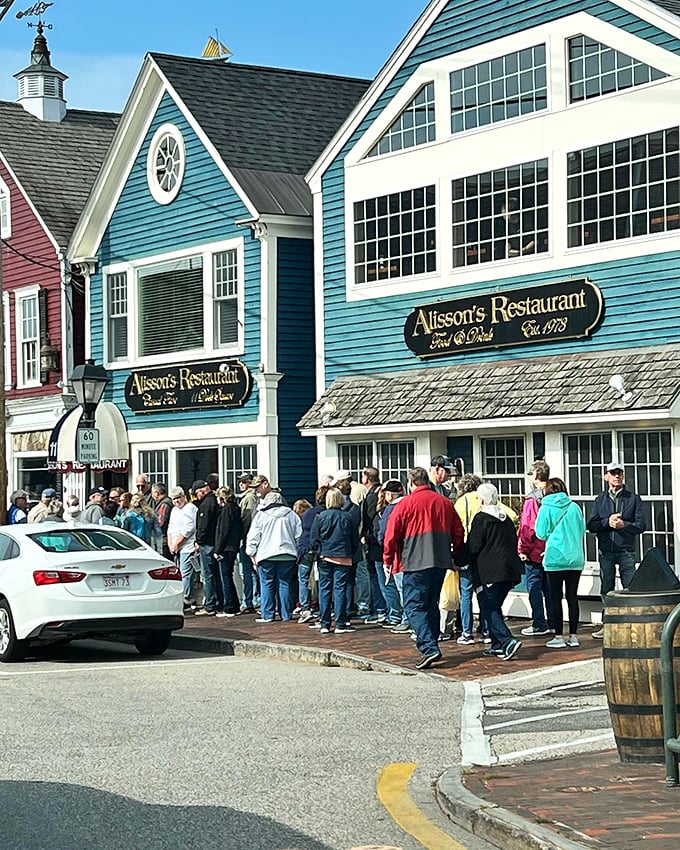 The iconic blue exterior of Alisson's Restaurant in Kennebunkport draws crowds year-round, with locals and tourists alike patiently waiting for their taste of Maine's finest. Photo credit: Alisson's Restaurant