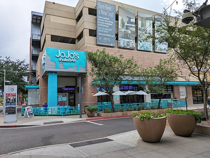 JoJo's turquoise-trimmed facade brings a splash of Miami Vice cool to Scottsdale, complete with string lights and welcoming patio seating.