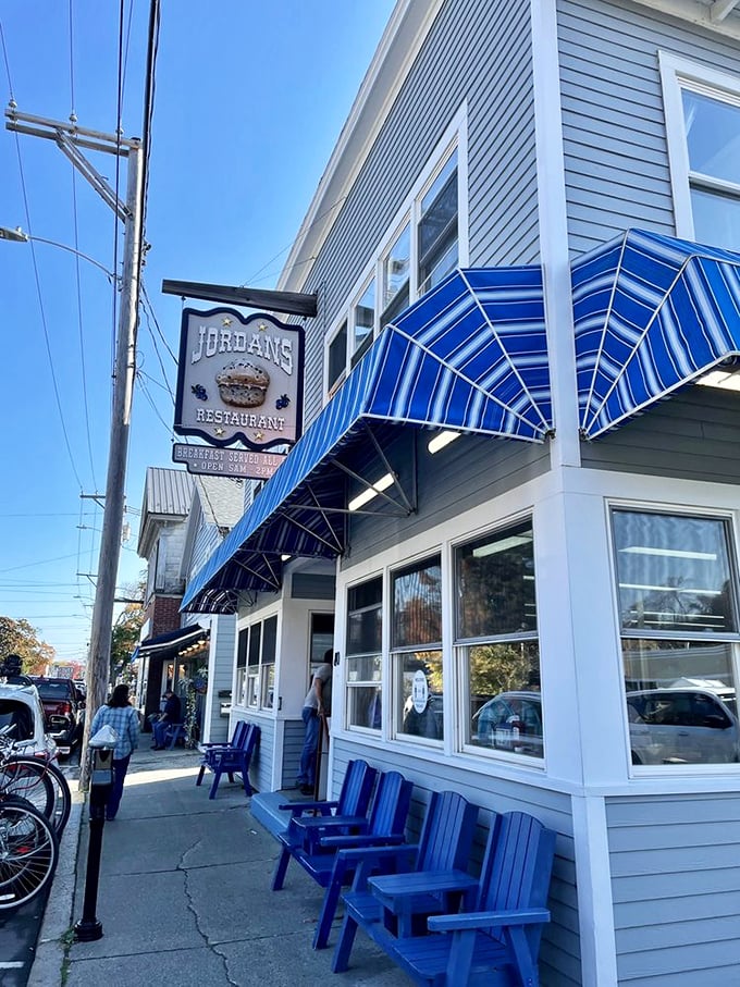 Jordan's iconic blue awnings and white clapboard exterior welcome visitors like an old friend on a Bar Harbor morning.