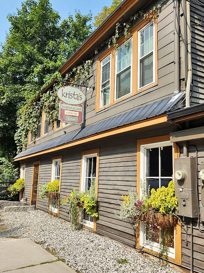 A charming gray clapboard building with sunny yellow trim and overflowing flower boxes welcomes visitors like a warm Maine hug.
