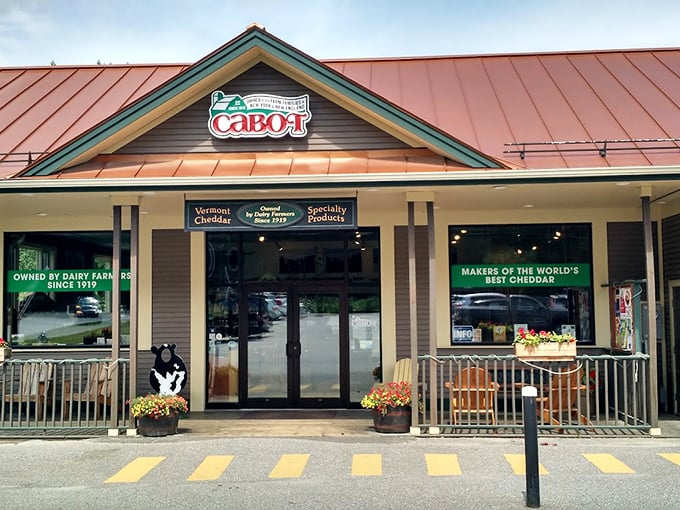 Welcome to cheese paradise! Cabot's charming storefront in Waterbury Center invites visitors with its classic Vermont architecture and welcoming front porch.