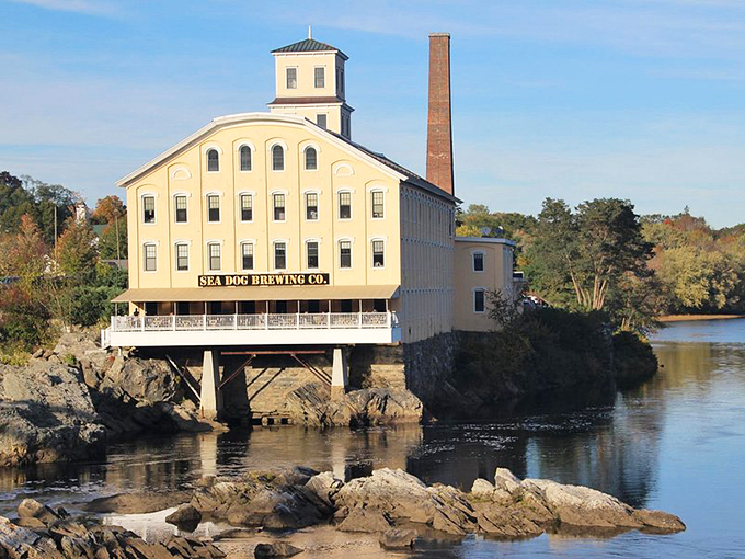Perched majestically over the Androscoggin River, Sea Dog Brewing's historic mill building looks like a postcard come to life.