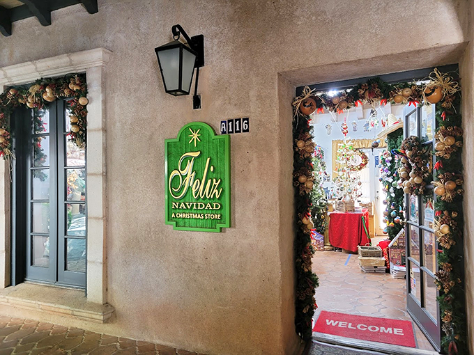Welcome to Christmas in the desert! Feliz Navidad Sedona's entrance is like stumbling upon Santa's vacation home, complete with adobe walls and festive wreaths.