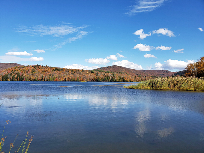Nature's mirror: Kent Pond reflects the vibrant autumn foliage, creating a double dose of Vermont's fall splendor. Leaf peepers, your paradise awaits!