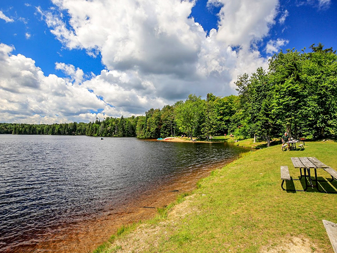Adams Reservoir mirrors the sky like nature's infinity pool, while picnic tables await your arrival like faithful friends ready for lunch.