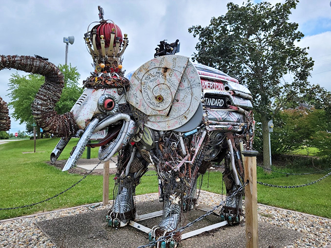 Meet "American Standard," where industrial art meets whimsy. This metallic pachyderm proves one person's scrap is another's masterpiece.