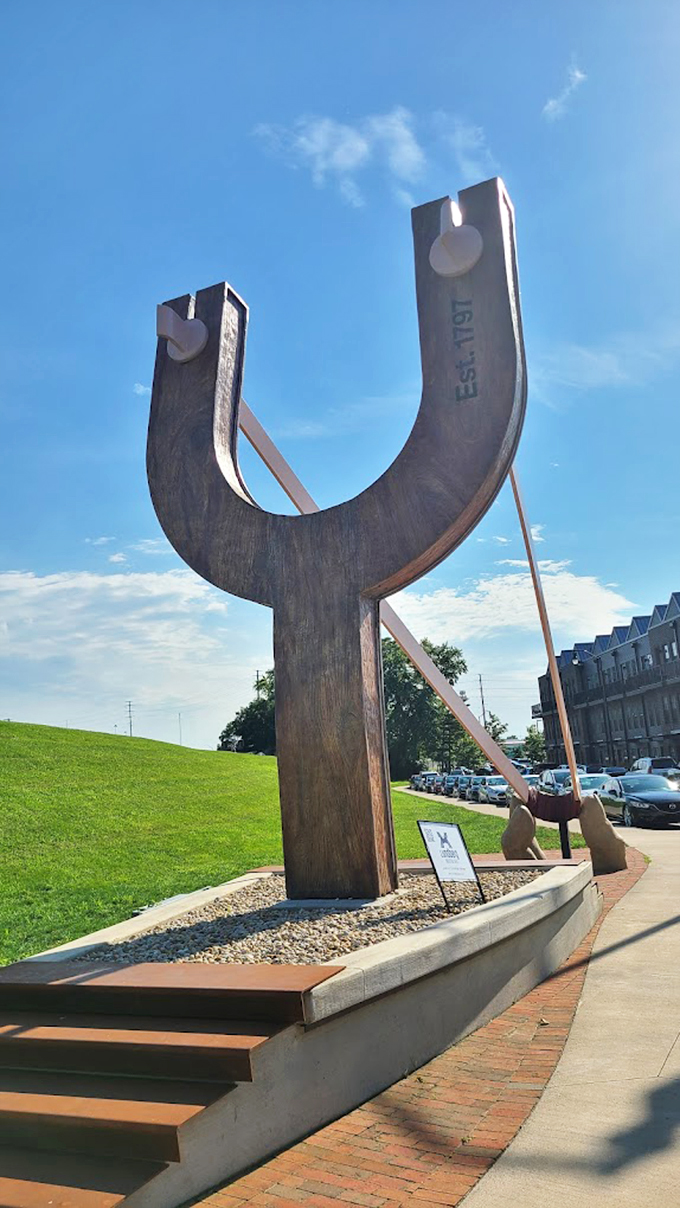 Behold the Franklinton Slingshot, where childhood dreams meet architectural ambition! It's like David decided Goliath wasn't worth the trouble and built a monument instead.