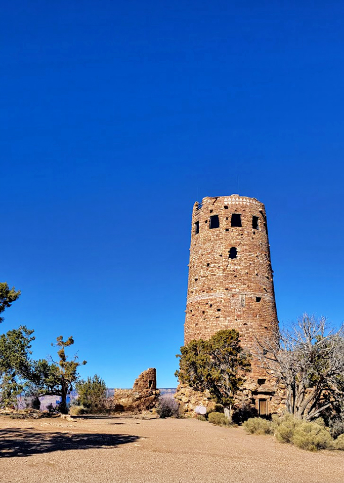Behold, the Desert View Watchtower! This stone sentinel stands guard over the Grand Canyon, looking like it's straight out of a fantasy novel.
