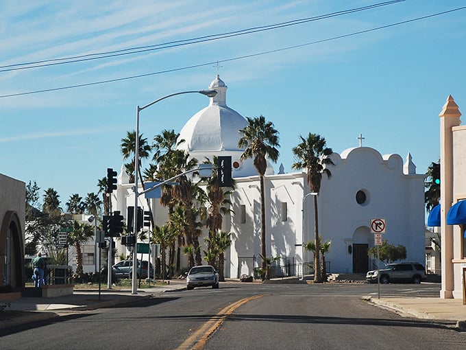 Welcome to Ajo, where the desert meets Mediterranean charm! This sun-drenched town square could easily be mistaken for a postcard from Spain, complete with palm trees and a gleaming white church. Photo credit: Backroads Galleries