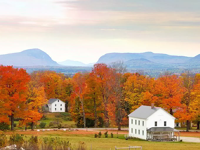 Fall foliage frames this pristine piece of history like nature's own Instagram filter, with white buildings nestled among blazing autumn maples.