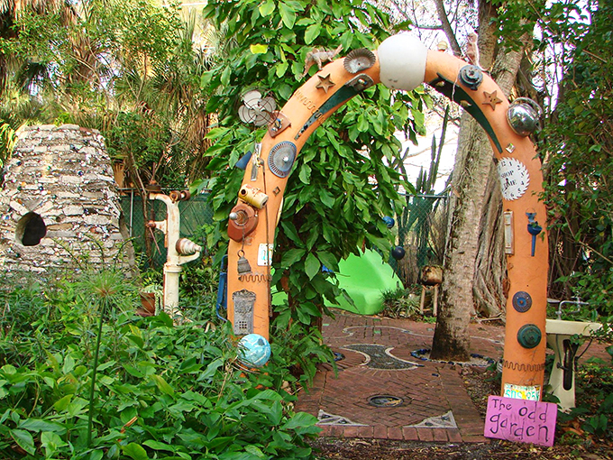 Step into wonderland! This whimsical archway, adorned with clocks and curiosities, is like Alice's rabbit hole reimagined for the Sunshine State.