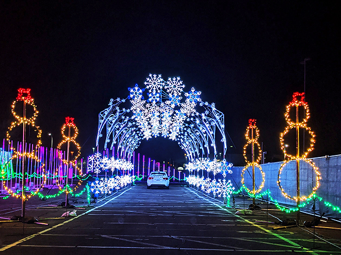 Step into a winter wonderland where snowflakes reign supreme! This dazzling archway of lights is like nature's disco ball, inviting you to boogie through a frosty fever dream.