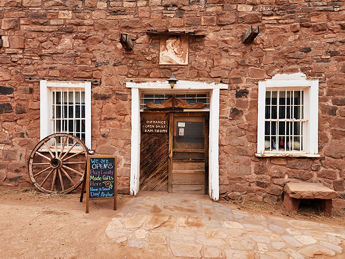 Step right up to the time machine! This weathered entrance isn't just a door&mdash;it's a portal to the Wild West, complete with wagon wheel greeter.
