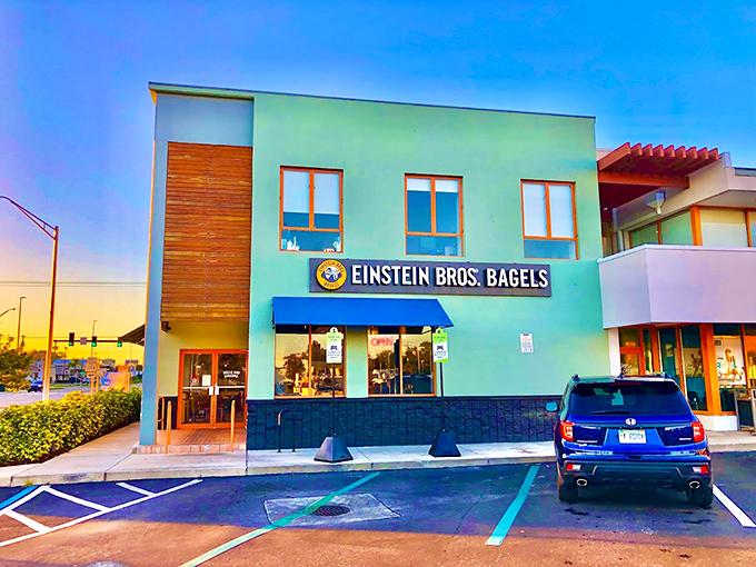 Who knew paradise had a street address? Einstein Bros. Bagels beckons with its minty-fresh facade and promise of carb-laden bliss.