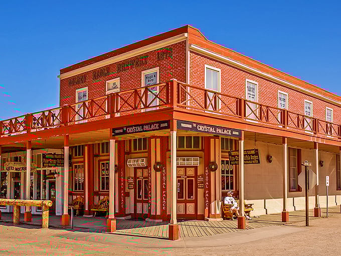 Step into a time machine, folks! The Crystal Palace Saloon's vibrant exterior is like a postcard from the Wild West come to life.