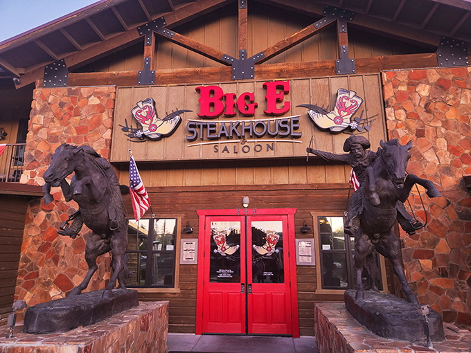 Howdy, partner! This ain't your average chuck wagon. Big E Steakhouse & Saloon's facade is like a John Wayne movie come to life, complete with rearing bronze cowboys.