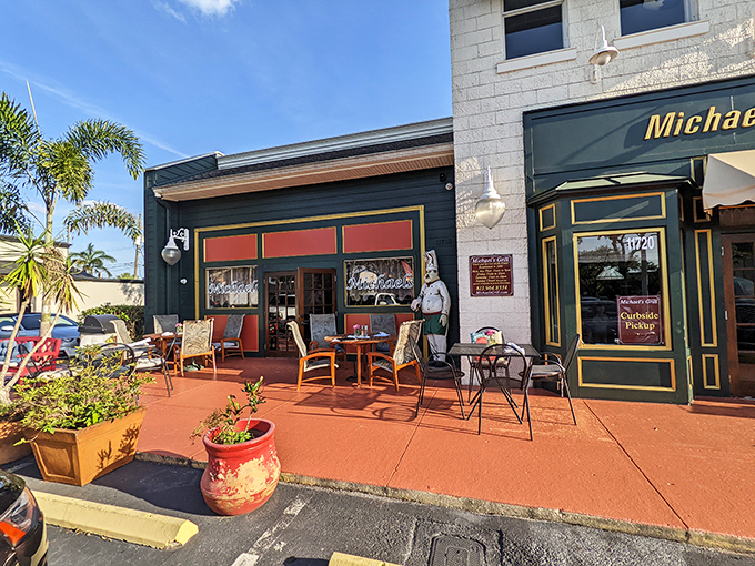 Welcome to flavor town! Michael's Grill's charming exterior invites you in with its cozy patio and promise of culinary delights. Photo credit: Maria Hidalgo Dolan