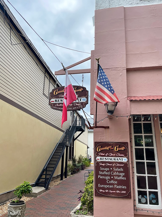 Welcome to flavor town! Gaufres and Goods beckons with its charming pink exterior and promises of European delights. It's like stumbling upon a secret passage to culinary bliss. Photo credit: Tadas Grig