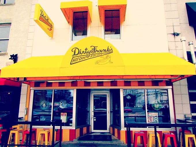 Welcome to the Willy Wonka factory of hot dogs! Dirty Frank's exterior bursts with more color than a pack of Skittles, promising a flavor adventure inside.