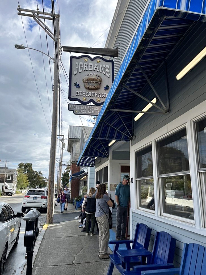 A slice of Americana served with a side of Maine charm. Jordan's Restaurant beckons with its classic blue awning and promise of comfort food paradise.