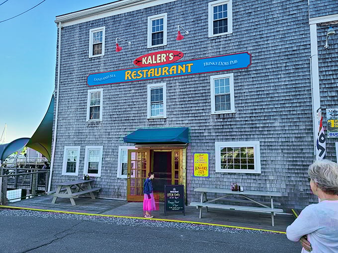 Ahoy, seafood lovers! Kaler's Restaurant stands like a salty sentinel, its weathered shingles and cheery sign promising maritime delights within. It's the culinary lighthouse guiding hungry souls to shore.
