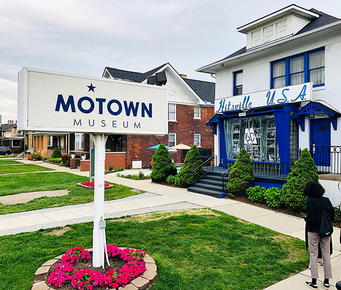 The iconic white and blue facade of Hitsville U.S.A. stands proudly on West Grand Boulevard, where musical dreams became chart-topping reality.