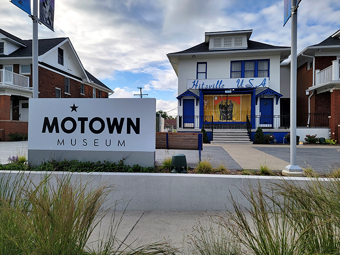The iconic white and blue facade of Hitsville U.S.A. stands proudly on West Grand Boulevard, where musical dreams became chart-topping reality.