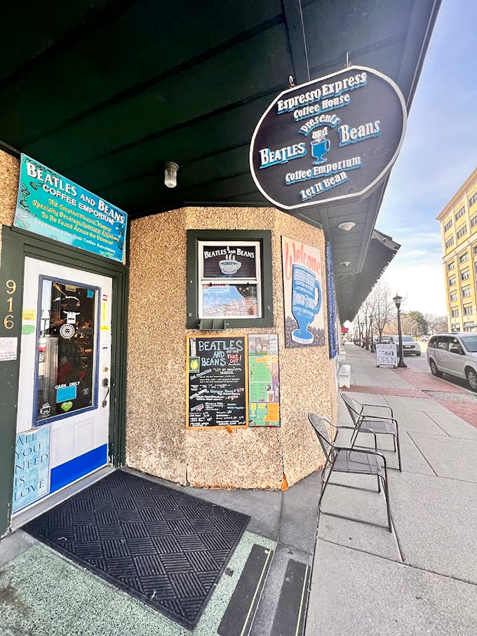 "All You Need Is Love" greets visitors at the entrance, setting the perfect tone for this charming Beatles-themed coffee sanctuary in Bay City.