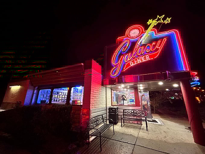 A neon beacon in the night, Galaxy Diner's retro sign lights up Flagstaff with a vibrant promise of classic American cuisine and 1950s nostalgia.