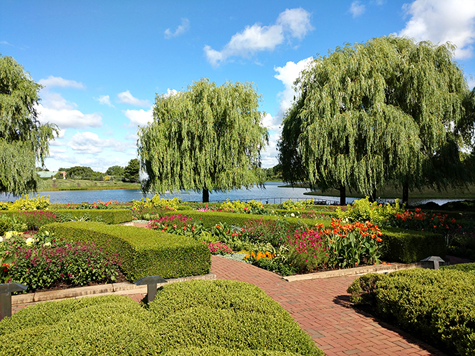 Nature's geometry class is in session! Perfectly manicured hedges create a living chessboard, while weeping willows stand guard like leafy sentinels.