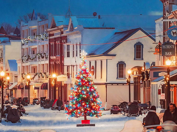 Winter wonderland or movie set? Mackinac Island's Main Street sparkles like a snow globe come to life.