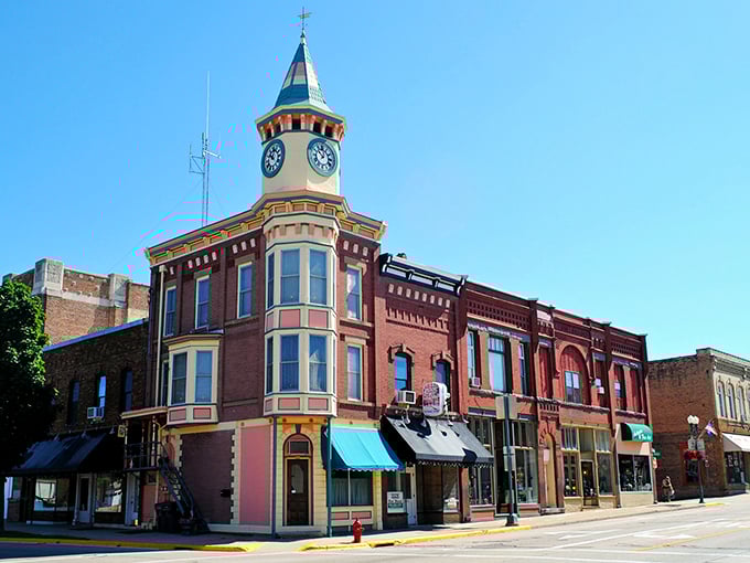 Historic charm meets small-town allure: Berlin, Wisconsin's iconic clock tower building stands tall, anchoring a picturesque Main Street that looks like it stepped right out of a Norman Rockwell painting.