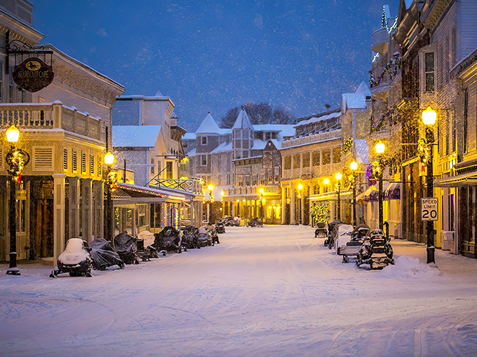 Winter wonderland or movie set? Mackinac Island's Main Street sparkles like a snow globe come to life. 