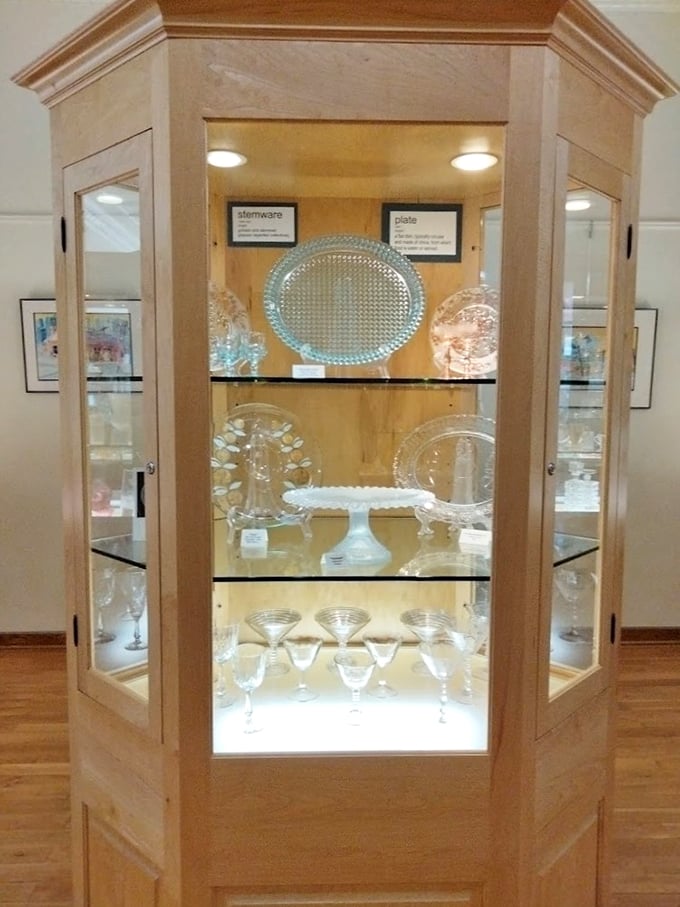 A buffet of brilliance! This glassware display is like a fancy dinner party where everything's too pretty to use.