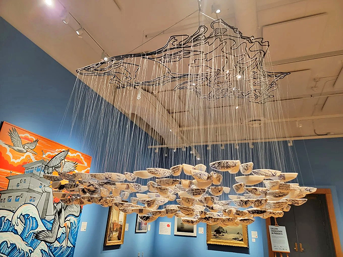 Fishing for compliments? This suspended school of artistic fish turns the gallery into an underwater wonderland. No scuba gear required!