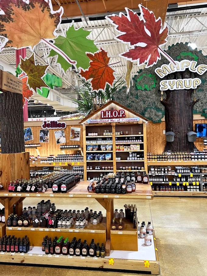 The International House of Preserves (IHOP) display proves maple syrup is basically liquid gold, especially under those festive fall leaves.