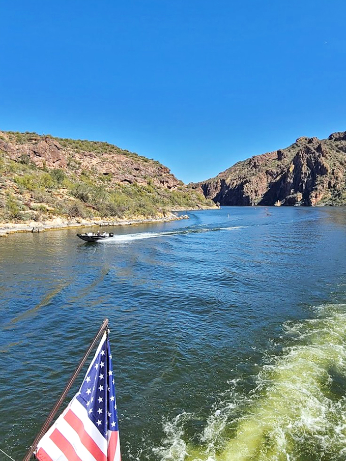 Stars and stripes on the high desert seas! This speedboat's waving the flag for freedom and fun on Saguaro Lake.