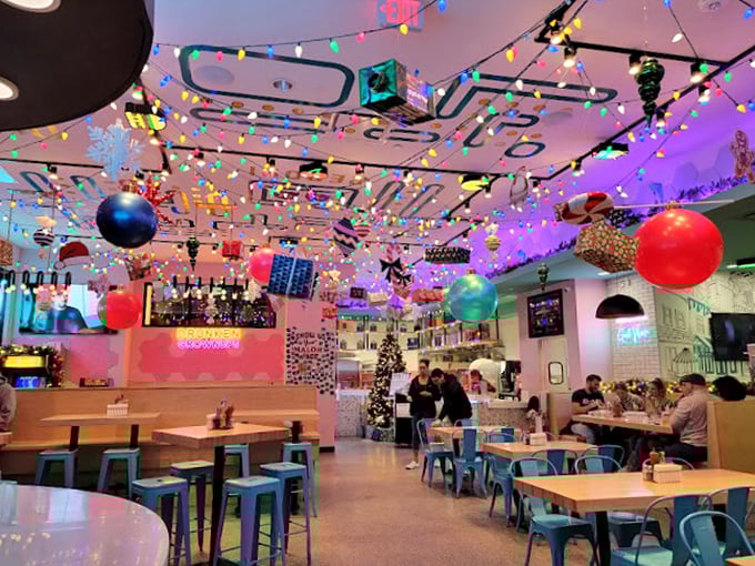 String lights dance across the ceiling like stars, creating a whimsical wonderland that makes every visit feel like a celebration.