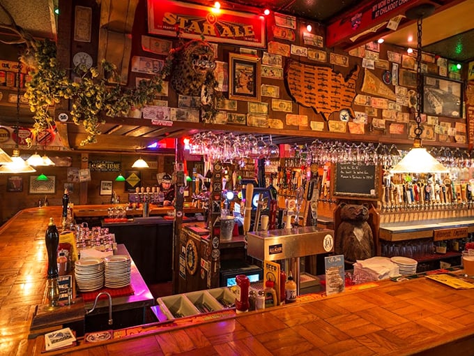 Where beer dreams come true: dozens of taps line this wood-paneled bar, backed by an impressive collection of vintage memorabilia.