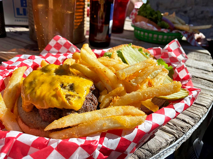 Behold, the star of the show! This buffalo burger isn't just a meal, it's a meaty masterpiece of frontier flavor. 