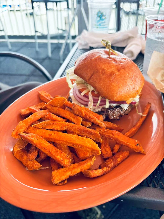 This burger means business, with all the fixings nestled under a golden dome of perfectly toasted bun.