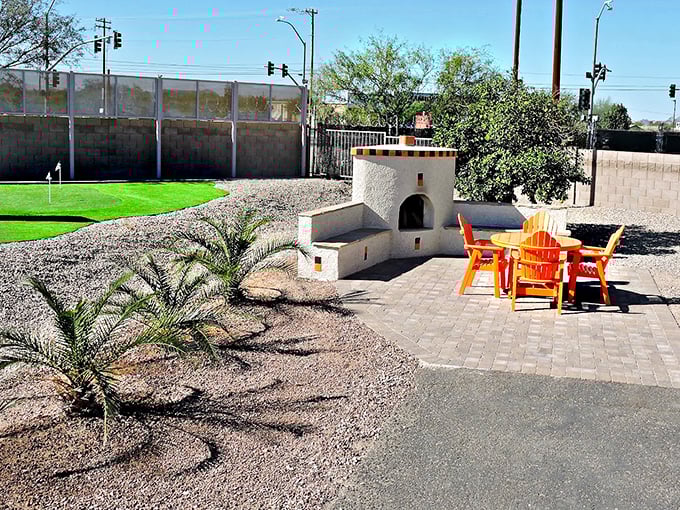 Pull up a chair and stay awhile. This cozy fireside nook is perfect for swapping road trip tales or planning tomorrow's adventure. Photo credit: Tucson / Lazydays KOA Resort
