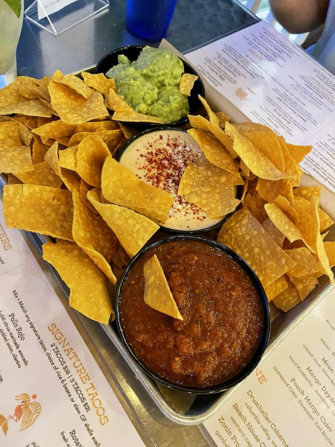 The holy trinity of taco accompaniments: fresh guacamole, zesty salsa, and warm chips ready for their tasty destiny.