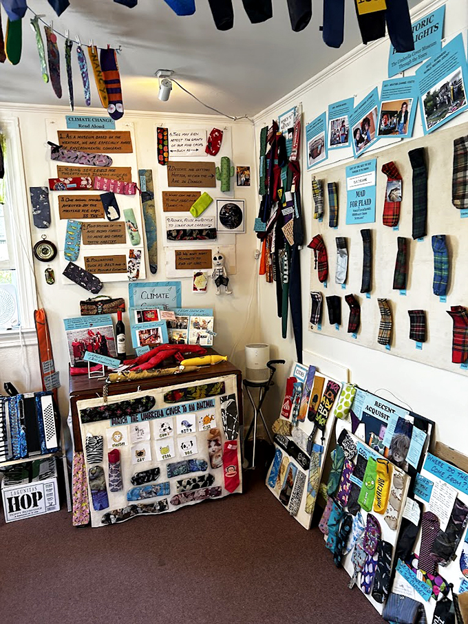 Every corner tells a story, with carefully curated displays mixing humor, history, and the humble umbrella cover in delightful ways.