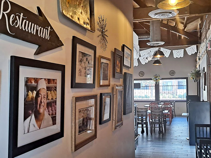 A gallery wall that tells stories of Mexican culinary heritage, while papel picado adds splashes of color overhead.