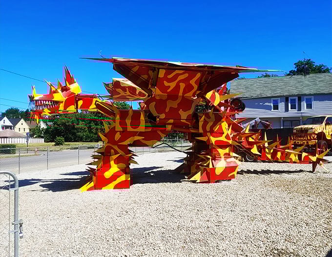 "When your yard decoration doubles as home security." This spiky sentinel looks ready to guard your garden gnomes with fire-breathing ferocity.