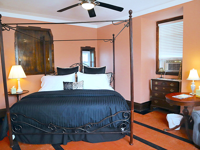 For whom the bell tolls? It tolls for thee to wake up in this ruggedly handsome room. Papa would approve.