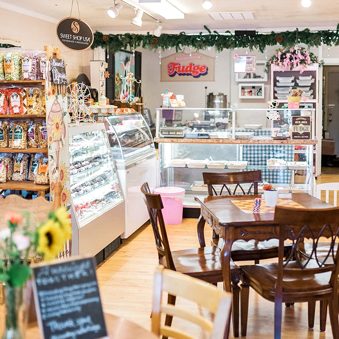 Sunflowers and fudge signs create a cheerful backdrop where treats and treasures share space in perfect harmony.