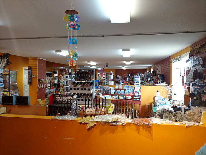 Colorful wind chimes dance above shelves stocked with treats, creating a whimsical wonderland of sweets and souvenirs.