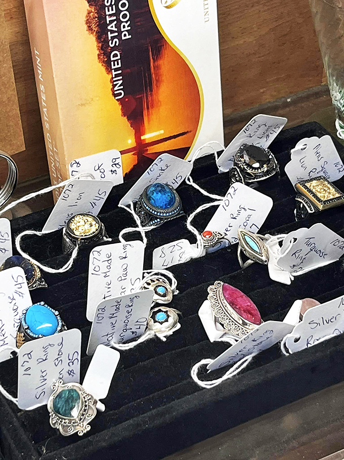 Glittering gems and vintage rings sparkle with possibility, each piece holding memories of celebrations long ago.